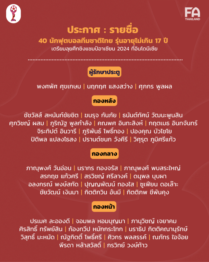 โค้ชจเด็จ ประกาศ 40 แข้งช้างศึกU17 เก็บตัว ก่อนลุย AFF