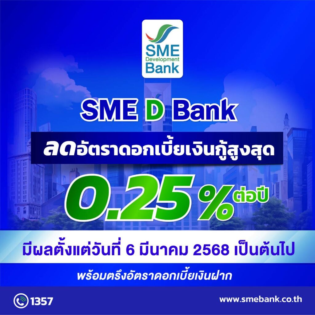 SME D Bank ประกาศลดดอกเบี้ยเงินกู้สูงสุด 0.25%