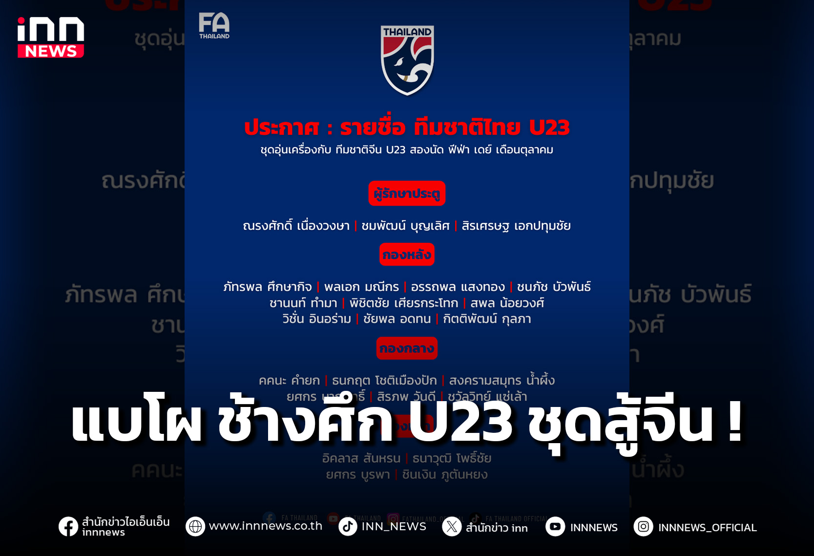 แบโผ 23 ช้างศึก U23 ชุดอุ่นเครื่อง จีน U23 - INN News