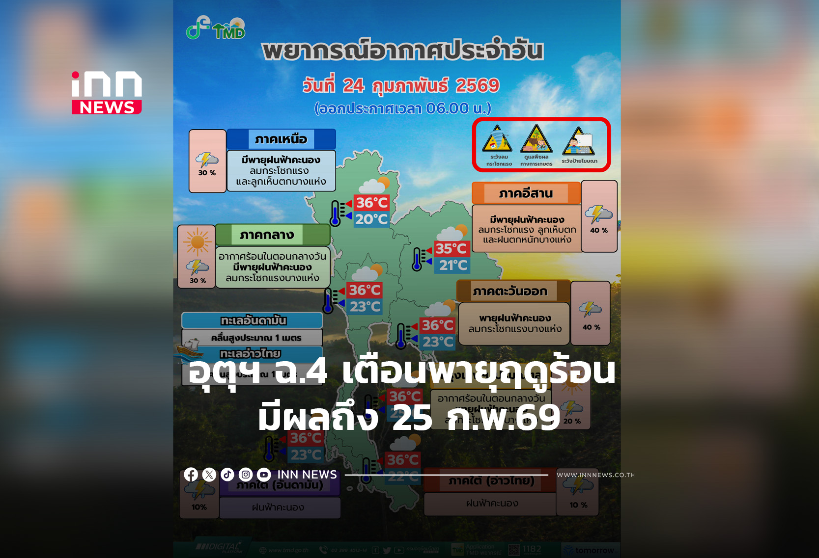 อุตุฯ ฉ.4 เตือนพายุฤดูร้อน มีผลถึง 25 ก.พ.69